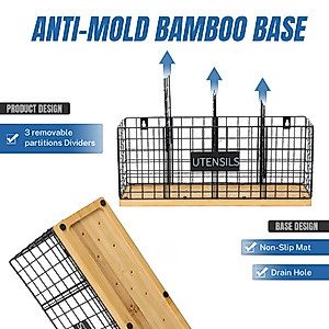WellSign Kitchen Utensil Holder for Countertop with 4 Compartments, Black Metal Large Cooking Utensil Holder with Bamboo Base, Farmhouse Utensil Organizer for Kitchen Counter or Wall Mounted Storage