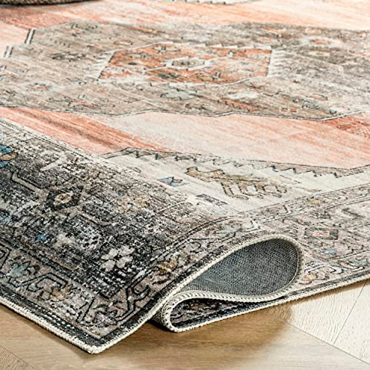nuLOOM Gracie Distressed Medallion Machine Washable Area Rug, 5' x 8', Peach