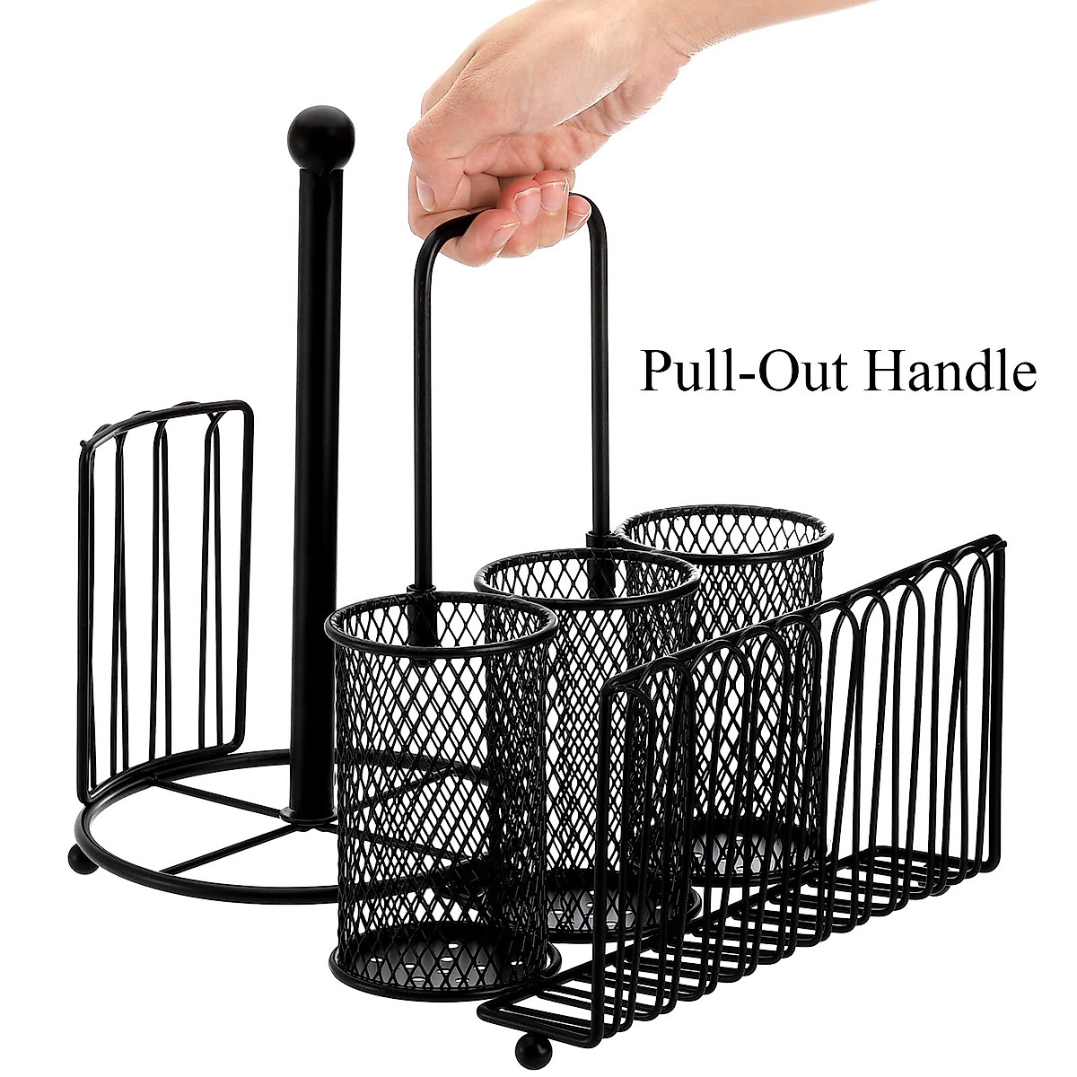 Elsjoy Metal Utensil Caddy with Paper Towel Holder, Picnic Caddy Silverware Organizer, Flatware Caddy Buffet Storage Caddy for Plates, Cutlery, Pull-Out Handle