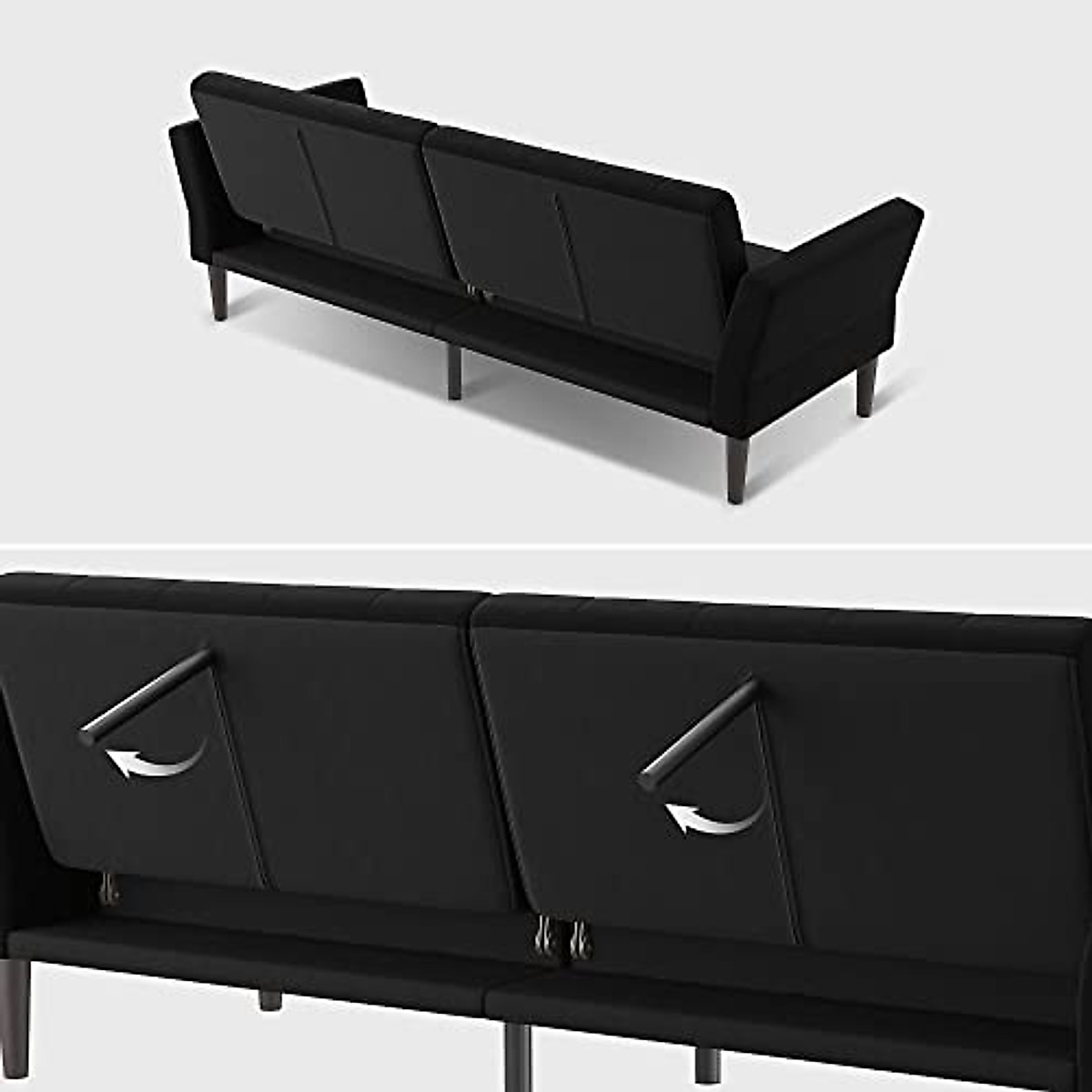 HONBAY Convertible Sofa Bed Velvet Sleeper Couch with Adjustable Armrests Tufted Futon for Living Room and Bedroom, Black