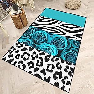 Modern Leopard Print Turquoise Rose Area Rug Teal Flower Hallway Runner Carpets Wild African Animal Pattern Non-Slip Floor Mat for Living Room Bedroom Dining Room Studio Women Room Decor