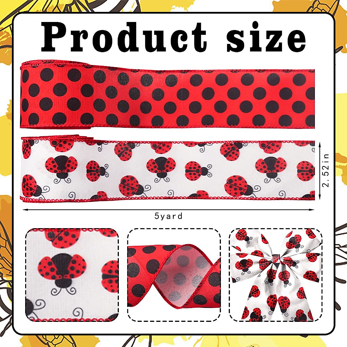 Hying 2 Rolls Spring Ladybug Ribbons Wired for Wreath Bows Wrapping Gifts, Red Polka Dot Ribbon for Gift Wrapping Birthday Party Decoration DIY Crafts, 2.5" X 10 Yards Red Lady Bug Wired Edge Ribbon