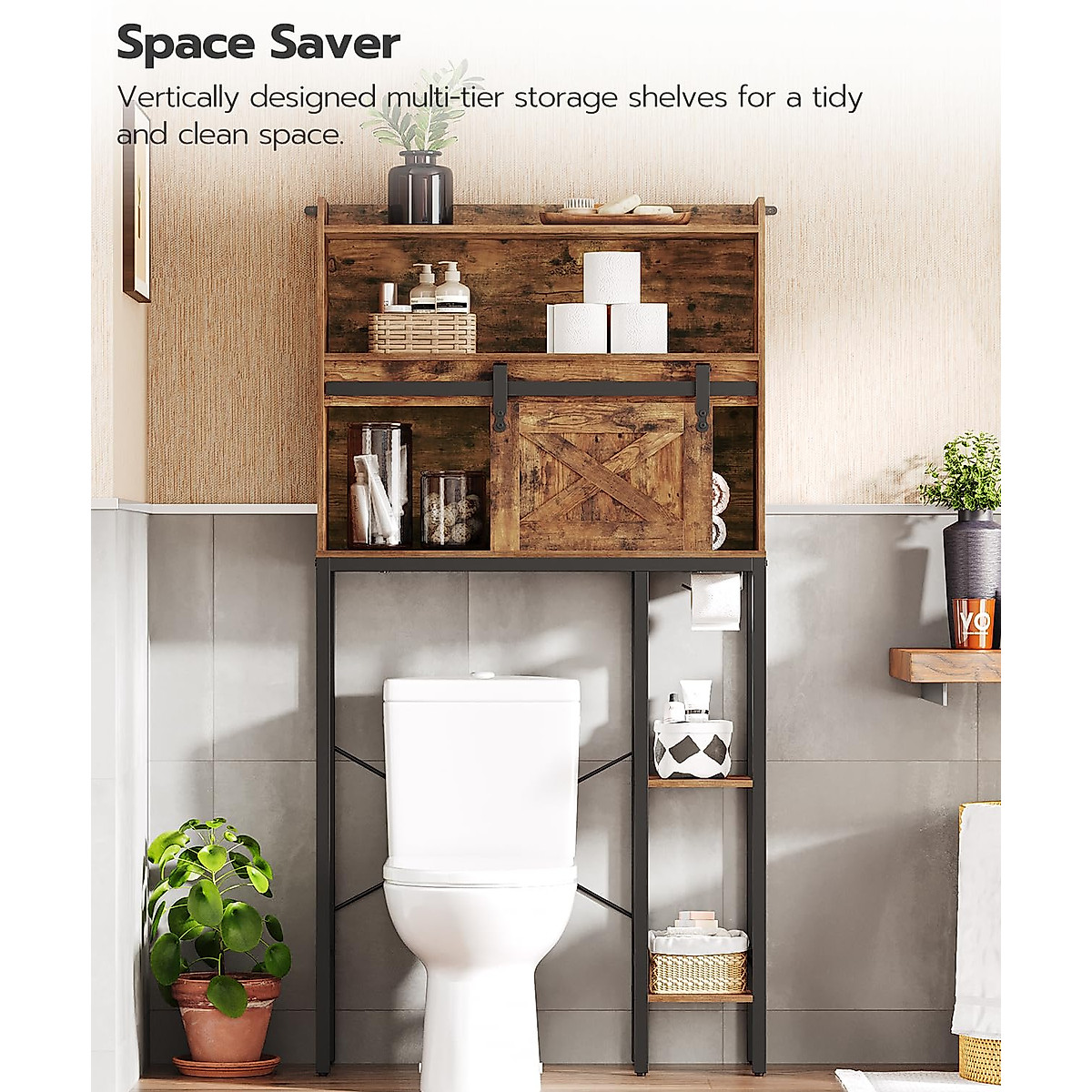 HOOBRO Over The Toilet Storage Cabinet, Bathroom Organizer Stand with Toilet Paper Holder, Space-Saving Toilet Storage Rack, Sliding Barn Door, Rustic Brown and Black BF82TS01