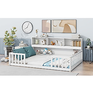Full Size Bed Frame with Side Bookcase, Floor Bed Frame Full Size with Storage Shelves, Full Size Platform Bed Frame with Safety Guardrails, Montessori Bed Frame without Slats for Girls, Boys, White