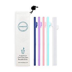 WonderSip One-Click Open Reusable Drinking Straw - One Piece Rigid Designed in California, Food Grade PP, Easy to Clean - Multi-Color 5PCs Pack (Dolphin Classic 8.5")