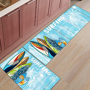 Z&L Home Summer Seaside Surfboard Palm Trees Kitchen Rug Sets 2 Piece Floor Mat Non-Slip Rubber Backing Area Runners Door Mats, Blue and White Wooden Texture Indoor Washable Carpet