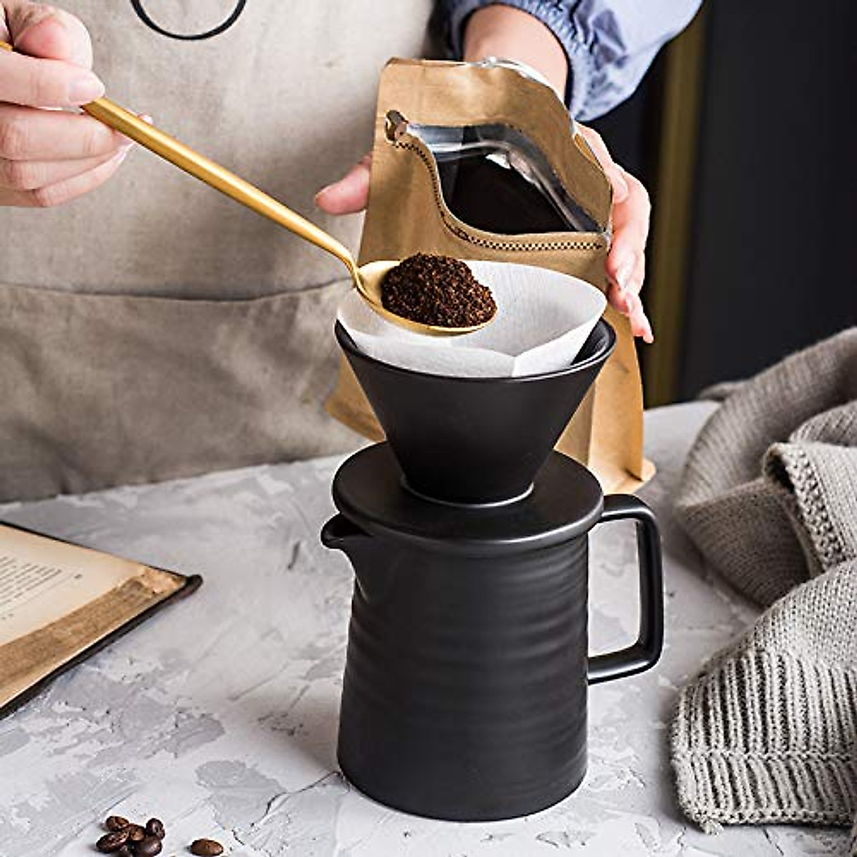 mondays. Pour Over Coffee Maker Set, Premium Black Ceramic V60 Dripper & Decanter, 1-2 Cup Home Filter Coffee Maker (Black)