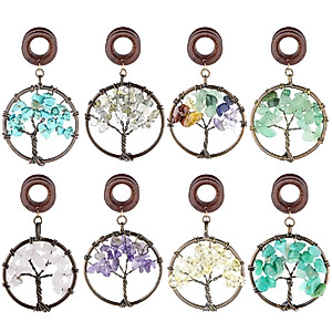 0G 8mm Amethyst Tree of Life Wood Dangle Ear Gauges Piercing Flesh Tunnels Plugs Stretching Kit Expander