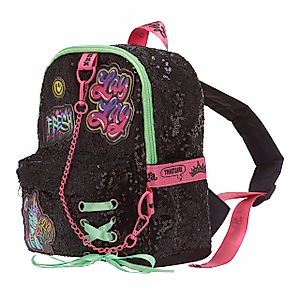 That Girl LayLay Mini Backpack PURSE for Girls, 10 inch, Sequin Material with Lace Up Grommet Details & Appliqued Patches, Adjustable Shoulder Straps, Light Weight Travel bag for kids