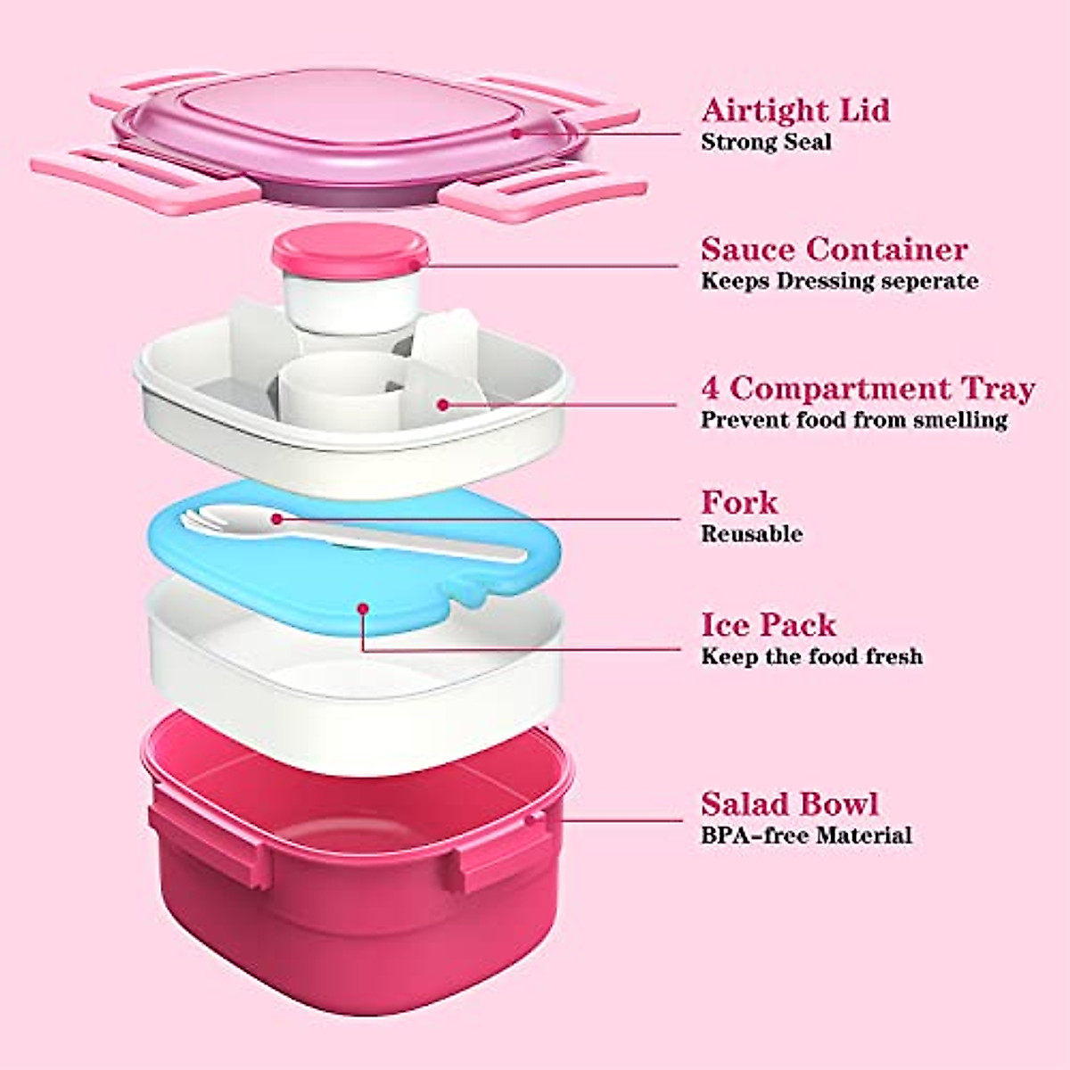 Stackable Salad Lunch Containers With Ice Pack, 1.3L Salad Bowls Bento Box Lunch Container with 4 Compartments Tray, 3oz Sauce Container for Dressings, Built-In Reusable Fork & BPA-Free (Pink)