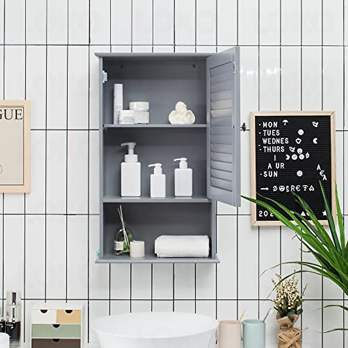 LOKO Bathroom Wall Cabinet, Bathroom Cabinet Wall Mounted with Single Shutter Door and Adjustable Shelf, Small Medicine Cabinet for Living Room, Kitchen or Entryway, 16.5 x 6.5 x 27.5 inches (Grey)