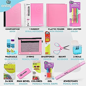 Enday Back to School Supplies for Kids, Pink School Supply Box Grades K-5, Premium Quality Kids School Supplies Kit, Kindergarten School Supplies for Girls and Boys, 71 Piece Set