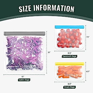 Dishwasher Safe Reusable Storage Bags, 10Pack Leakproof Reusable Freezer Bags, BPA Free PEVE Reusable Sandwich Bags, Silicone Food Storage Bags(10Pack-3 Gallon + 4 Sandwich + 3 Snack)