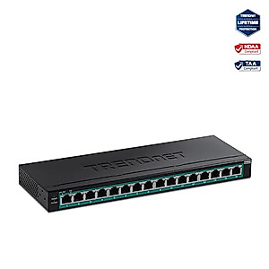 TRENDnet 16-Port Gigabit PoE+ Switch, TPE-TG160H, 123W PoE Power Budget, 32 Gbps Switching Capacity, Desktop Switch, Ethernet Network Switch, Metal, 1U 10" Rack Mountable, Lifetime Protection