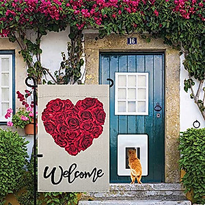 Welcome Valentines Day Garden Flag, hogardeck 12.5x18 Inch Vertical Double Sided Rose Heart Yard Flag, Farmhouse Rustic Outdoor Valentines Day Decor