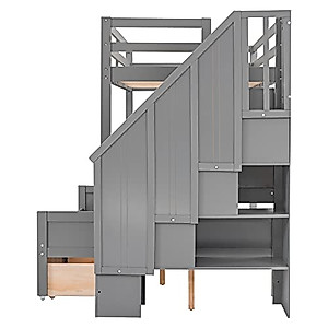 BIADNBZ Twin XL Over Full Bunk Bed with Built-in Bookshelves, Storage Drawers and Staircase, Sturdy Wood Bedframe w/Safety Guard Rail, for Kids Teens Adults,Gray