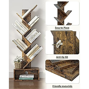 Aobafuir 6-Tier Tree Book Shelf, Open Side Standing Bookcase Shelf, Wooden Bookshelves Storage Rack for CD/Book, Utility Organizer Shelves for Living Room,Bedroom, Rustic Brown