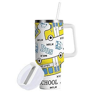 ARGTILDN 30 oz Tumbler School Bus Car Cartoon Insulated Travel Mug with Handle and Straw Lid Stainless Steel Vacuum Coffee Cup Tea Beverage Container Water Bottles for Car Sports office