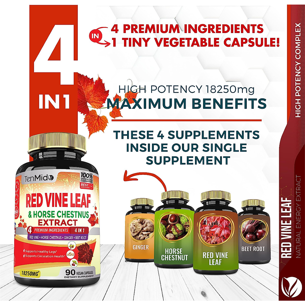 18250mg Red Vine Leaf Extract Capsules - with Horse Chestnut, Beet Root, Ginger - Herbal Suppplement for Heart, Leg Vein & Energy - 90 Vegan Capsules for 45 Days