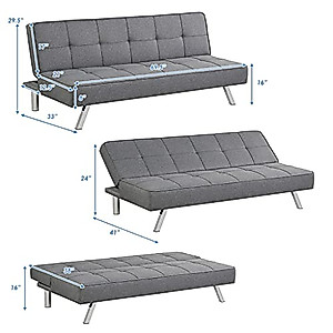 JFUYJK Convertible Futon Grey Linen Fabric Sofa Bed Adjustable Sleeper with Stainless Steel Legs