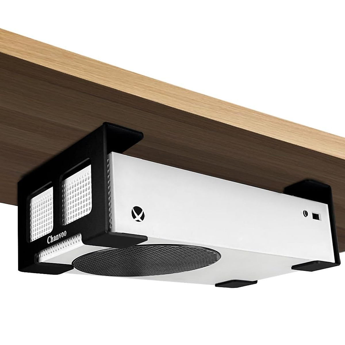 Chanvoo No Drill Aluminum Universal Under Desk Mount Holder for Xbox Series S, Xbox One S/X, Xbox 360, PS4 Slim/Pro, Desktop Mini PC with Adhesive (Black)