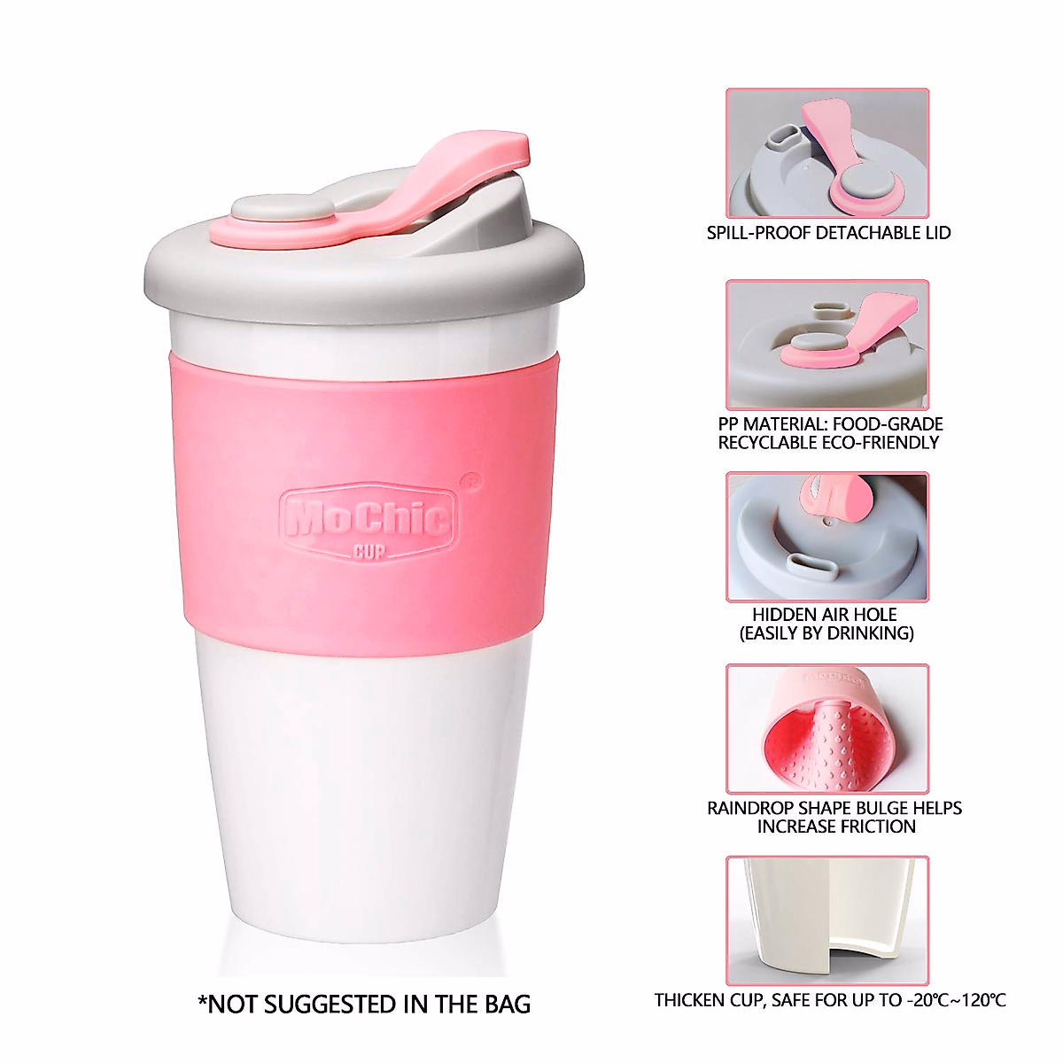 MOCHIC CUP Reusable Coffee Cup with Lid Portable Travel Mug with Non-Slip Sleeve BPA Free Dishwasher and Microwave Safe Friendly Coffee Mug (Pink,16oz)