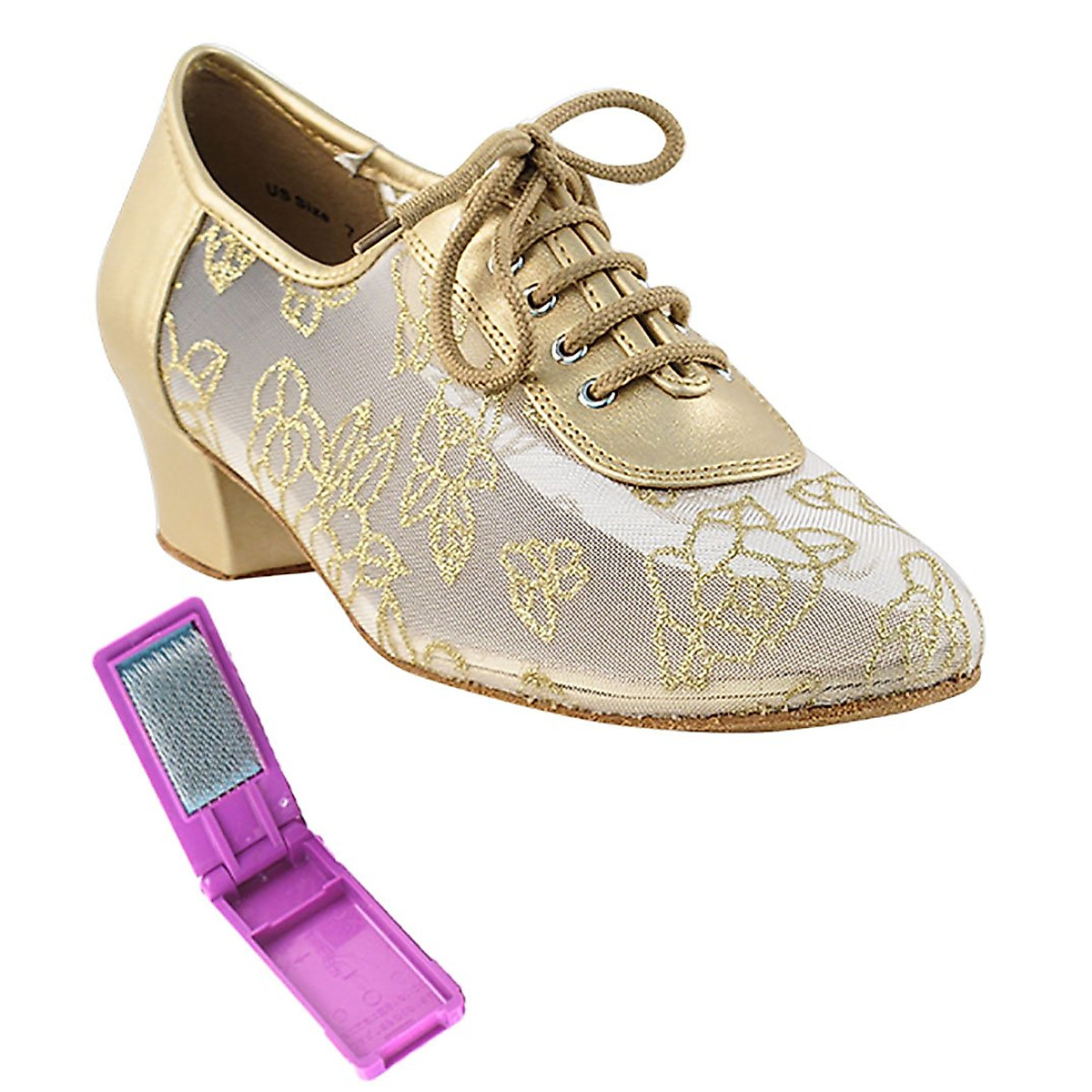 Very Fine Dance Shoes - Ladies Practice, Cuban Low Heel Ballroom Dance Shoes - 2002-1.5-inch Heel and Foldable Brush Bundle - Light Gold Leather - #79 Mesh - 8
