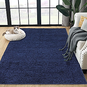 Fashionwu Blue Rugs for Bedroom 8x10 Area Rug Fluffy Shag Rug Luxurious Non-Slip Cozy Casual Solid Plush Rugs Carpet Modern Accent Rug for Living Room Bathroom Playoom, Navy Blue, 8 x 10 Feet