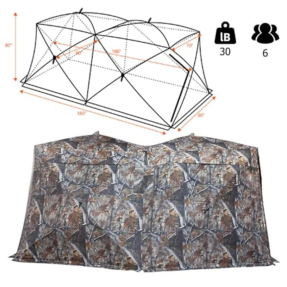 THUNDERBAY Bunkhouse Pop Up Portable Side-by-Side See Through Hunting Blind, 6 Person Wide Bottom 360 Degree See Through Hunting Tent, Footprint: 180"x90" with 80" Height