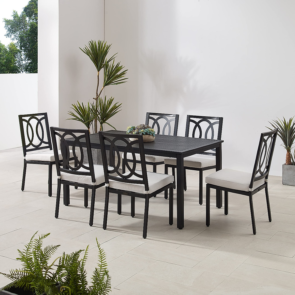 Crosley Furniture Chambers 7-Piece Outdoor Dining Set for 6, Patio Table and Chairs for Backyard, Deck, Matte Black with Creme Cushions