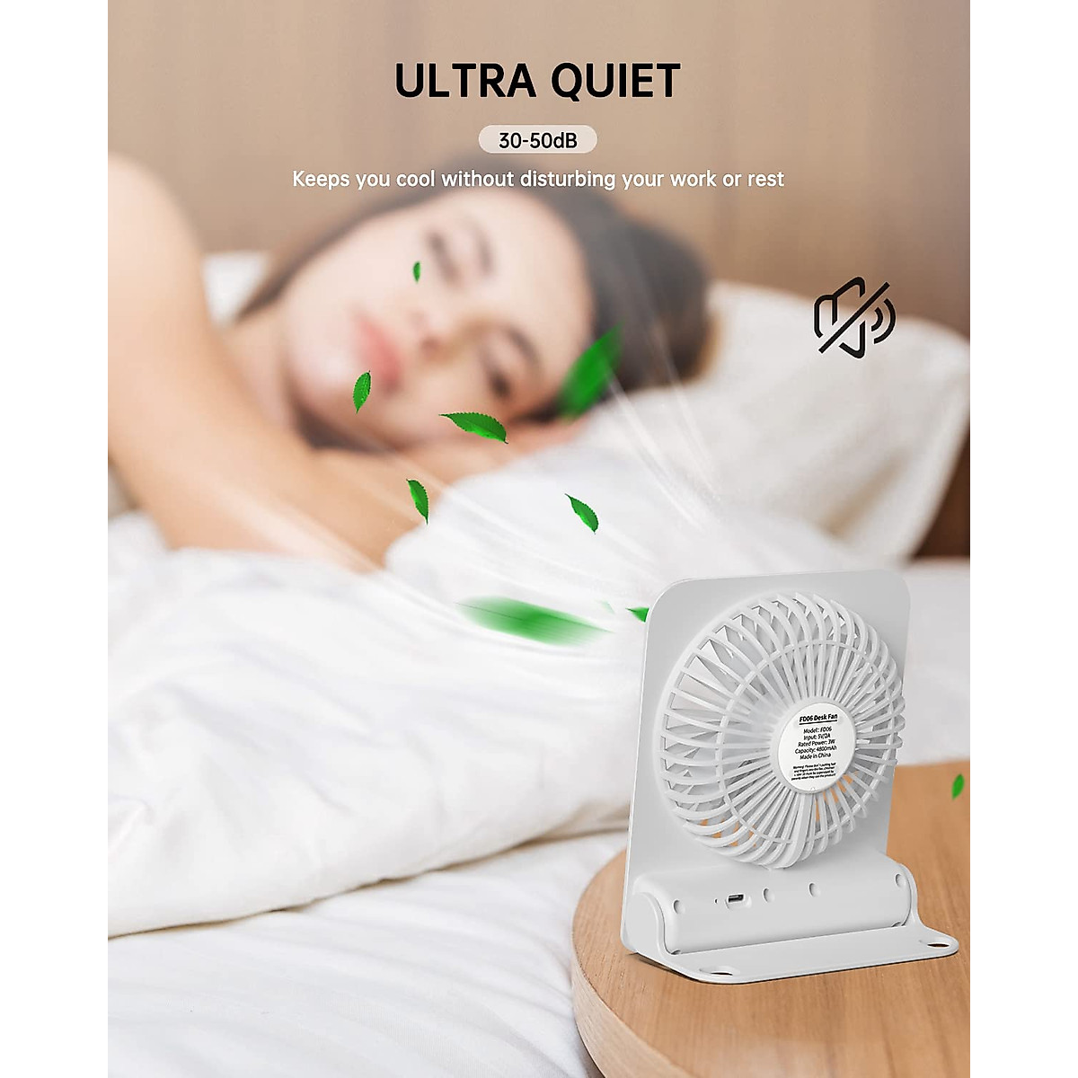 Aluan Desk Fan Small Quiet Portable Desktop Fan 4800mAh Rechargeable Battery Operated 180° Foldable Stand Personal Table Fan Strong Wind Stepless Speed Cooling USB Fan for Home Office Travel, White