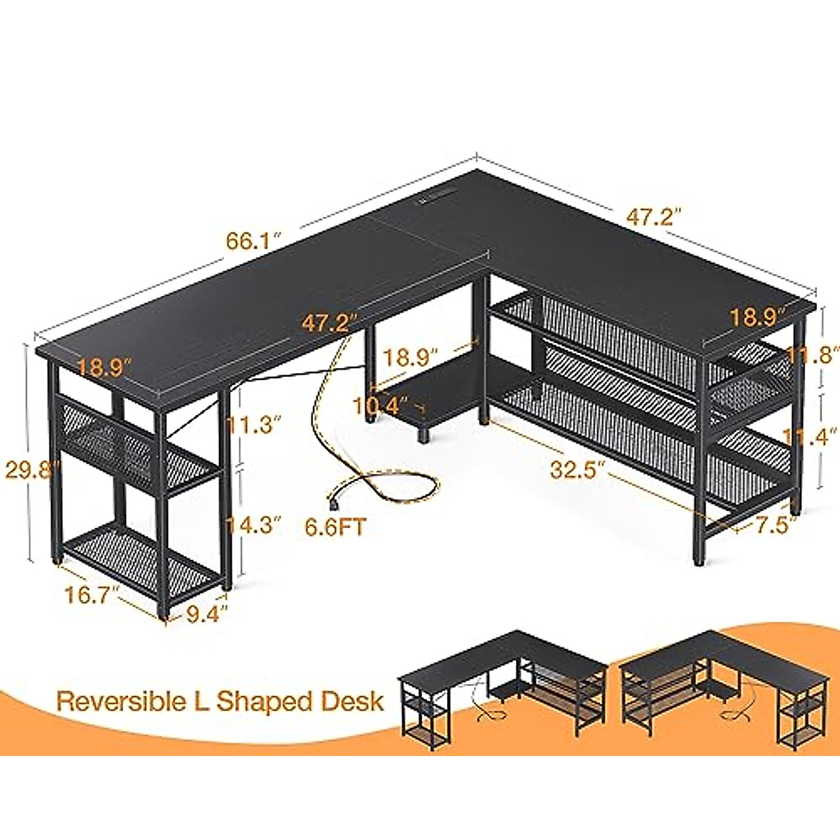 ODK 66" L Shaped Desk with Power Outlet and USB Charging Ports, Reversible L Shaped Computer Desk with Storage Shelves, Home Office Desk, Gaming Desk, Corner Desk, Black