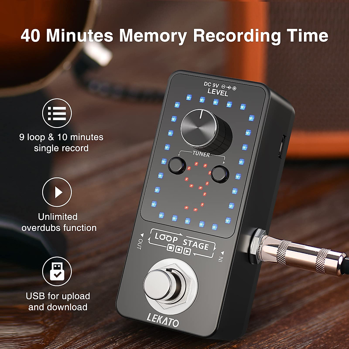 LEKATO Guitar Looper Pedal Effect Pedal with Tuner Function Looper Pedal Loops 9 Loops 40 minutes Record Time with USB Cable and 9V 0.6A Pedal Power Supply Adapter