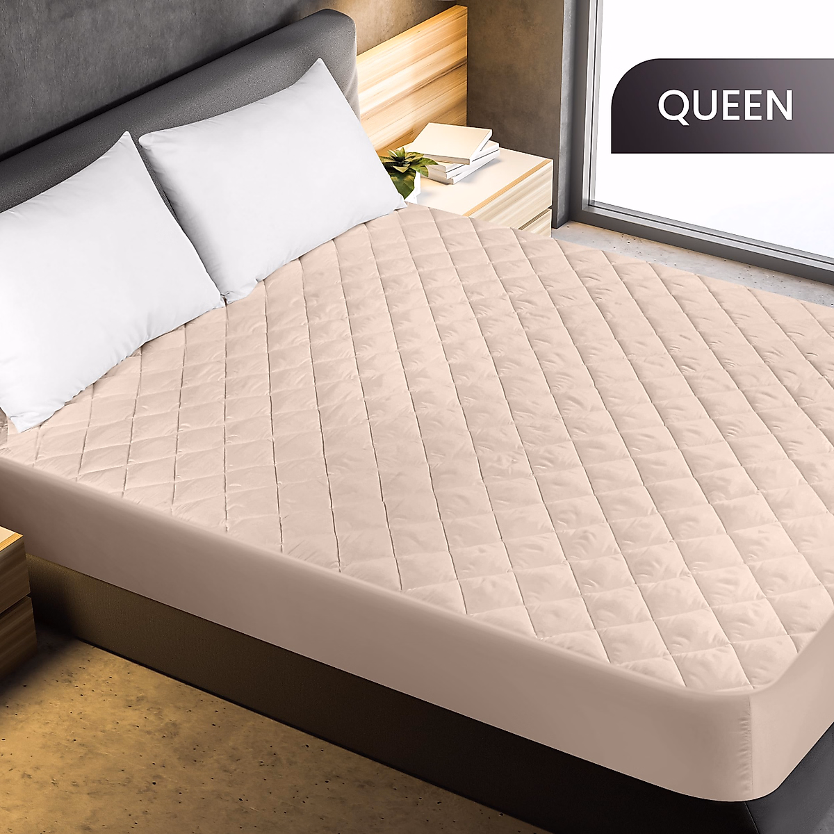 Utopia Bedding Quilted Fitted Mattress Pad, Queen Size, Elastic Fitted Mattress Topper Protector and Cover Stretches up to 16 Inches Deep, Machine Washable (Beige)