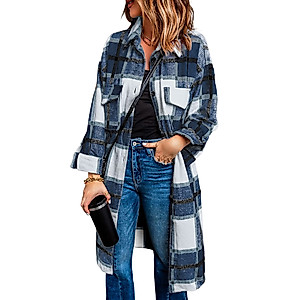 PRETTYGARDEN Women's 2024 Plaid Shacket Jacket Long Sleeve Button Down Shirts Fashion Winter Wool Coats (Navy,X-Large)