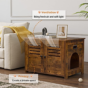 DINZI LVJ Litter Box Enclosure, Cat Litter House with Louvered Doors, Entrance Can Be on Left or Right Side, Spacious Hidden Washroom for Most of Litter Box, Cat Furniture Cabinet, Rustic Brown