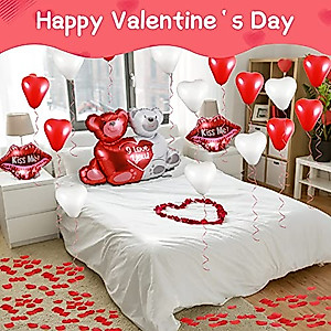Civaner 25 Pcs Red Heart Balloons I Love You Valentines Day 2000 Rose Petals 40 Inch Bear Balloon and White Shaped Lip for Wedding Party Decoration, White,transparent,red