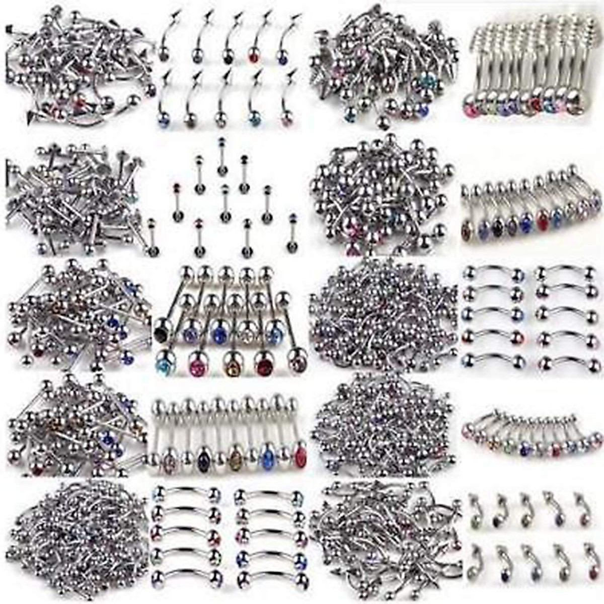 100pcs 10styles 316L Stainless Steel Crystal Body Jewelry Belly Tongue Lip Nipple Piercing Rings Wholesale