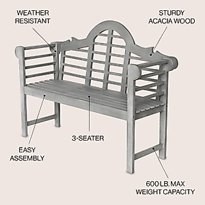 JONATHAN Y BNH103B Lutyens 51.2" 3-Seat Arched 600-Lbs Support Acacia Wood Outdoor Garden Patio Bench for Garden, Lawn, Backyard, Pool, Deck, Beach, Firepit, Gray