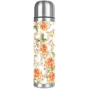 Stainless Steel Leather Vacuum Insulated Mug Flower Thermos Water Bottle for Hot and Cold Drinks Kids Adults 16 Oz