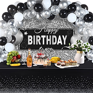 Birthday Party Decorations Confetti Balloons Kit Happy Birthday Photography Backdrop Banner Tablecloths for Boys Girls Men Women Birthday Party Supplies Decor (Black and Silver)