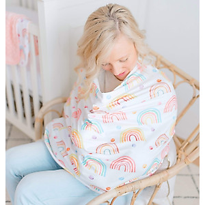 Bundled Joy Baby Gifts - Baby Car Seat Cover Canopy Breastfeeding Nursing Cover Infinity Scarf Stretchy Soft Boys Girls Gender Neutral (Rainbow White)