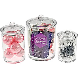 HOME-X Set of 3 Apothecary Jars, Cotton Ball & Swabs Holder, Bathroom Storage, Crystal Clear Acrylic Container with Lid-24 oz.-12 oz.-5 oz