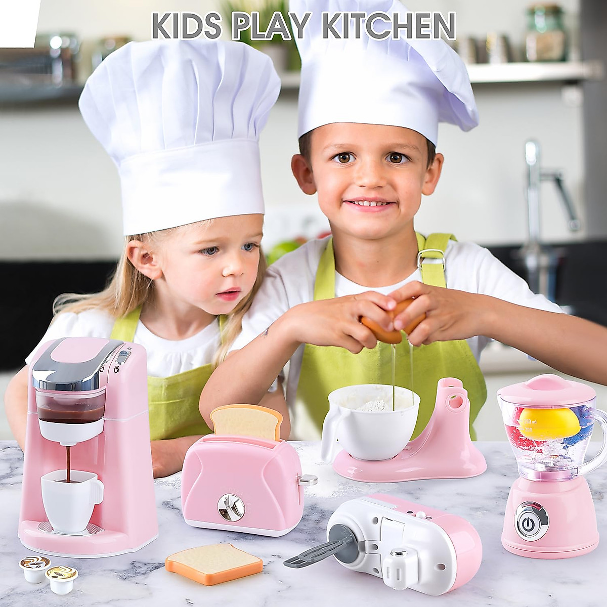 Kids Toy Kitchen Sets, Play Kitchen Accessories for Kids Ages 4-8 3-5, Kitchen Appliance Toys, Blender, Coffee Maker Machine, Mixer, Toaster, Pretend Play Toys for 4 Year Old Girls Toddlers 3-5