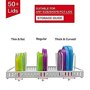 Update White Food Container Lid Organizer&Adjustable Metal Lid Holder Rack 6 Dividers Storage Container Lid organizer for Cabinets, Cupboards, Pantry, Drawers to Keep Kitchen Tidy(Patent Pending)