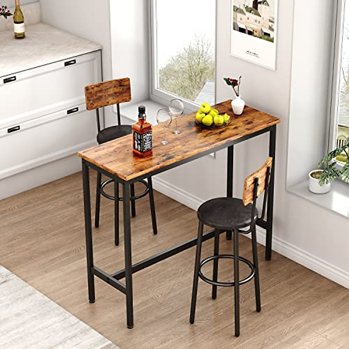 HomSof 3-Piece Farmhouse Counter Height Dining Set, Table and 2 Bar Stools with PU Soft Seat and Backrest, Rustic Brown_3pcs