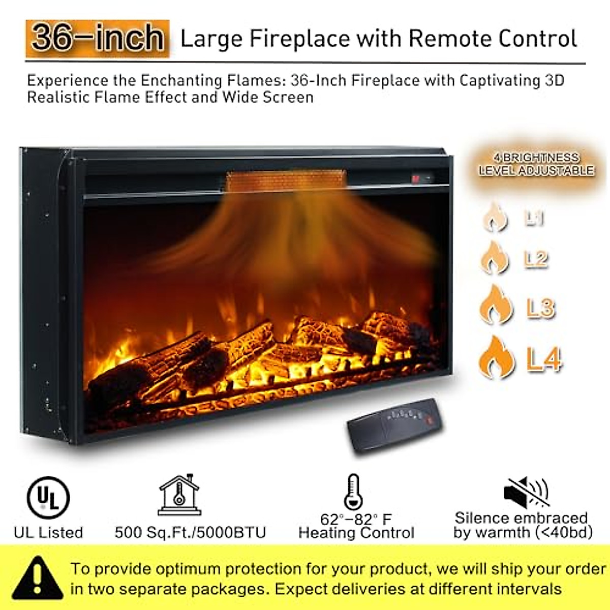 SinCiDo Fireplace TV Stand for TVs up to 80 Inches, Farmhouse Entertainment Center w/36 Electric Fireplace & 4 Faux Double Drawers, Large Media Console Cabinet for Living Room, 70 Inch, Dark Grey