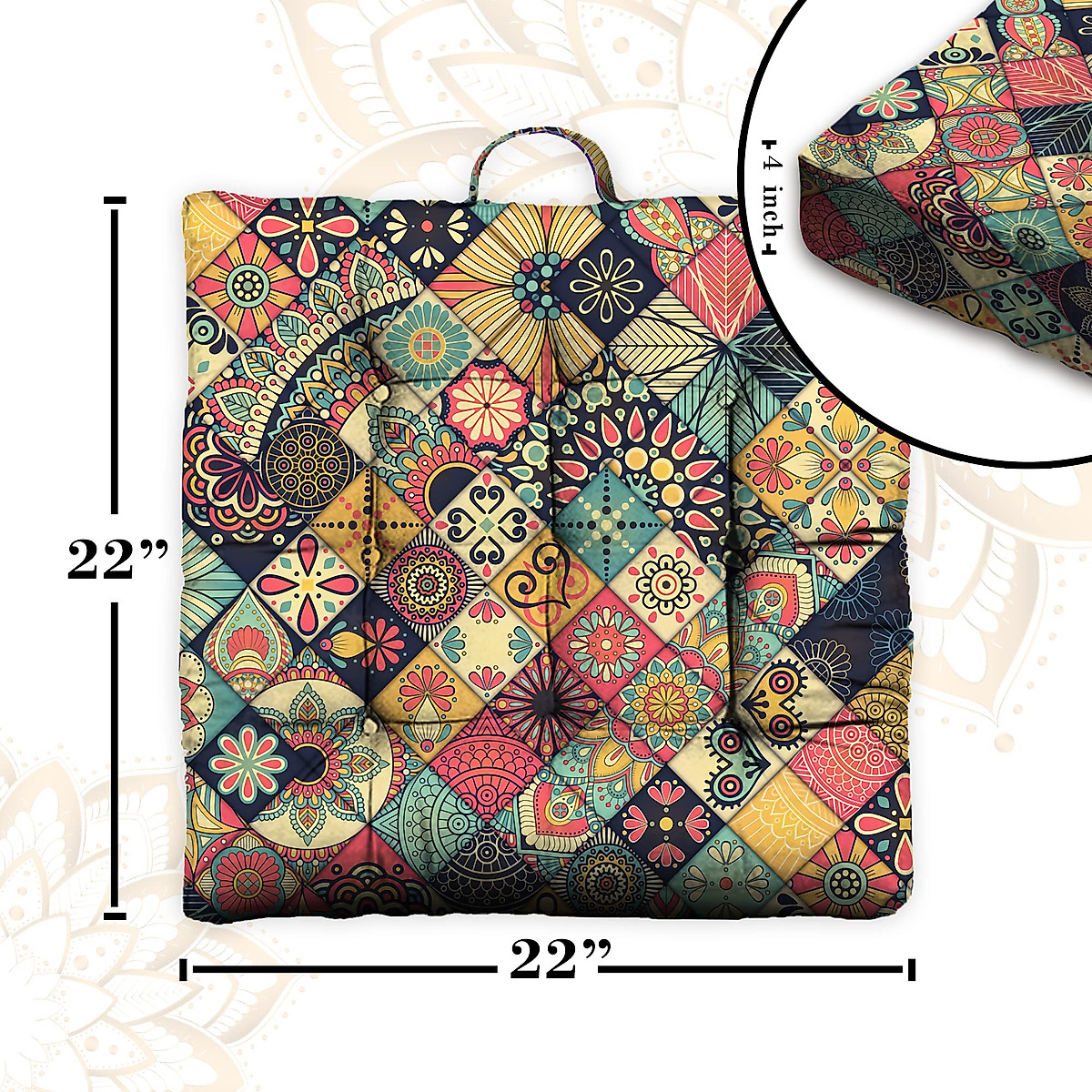 Mandala Meditation Cushion, Boho Meditation Mat, Meditation Pillows for Sitting on Floor, Cushions for Sitting in Home and Outdoor, Square Floor Pillows Cushion Seating for Yoga 22'' X 22''