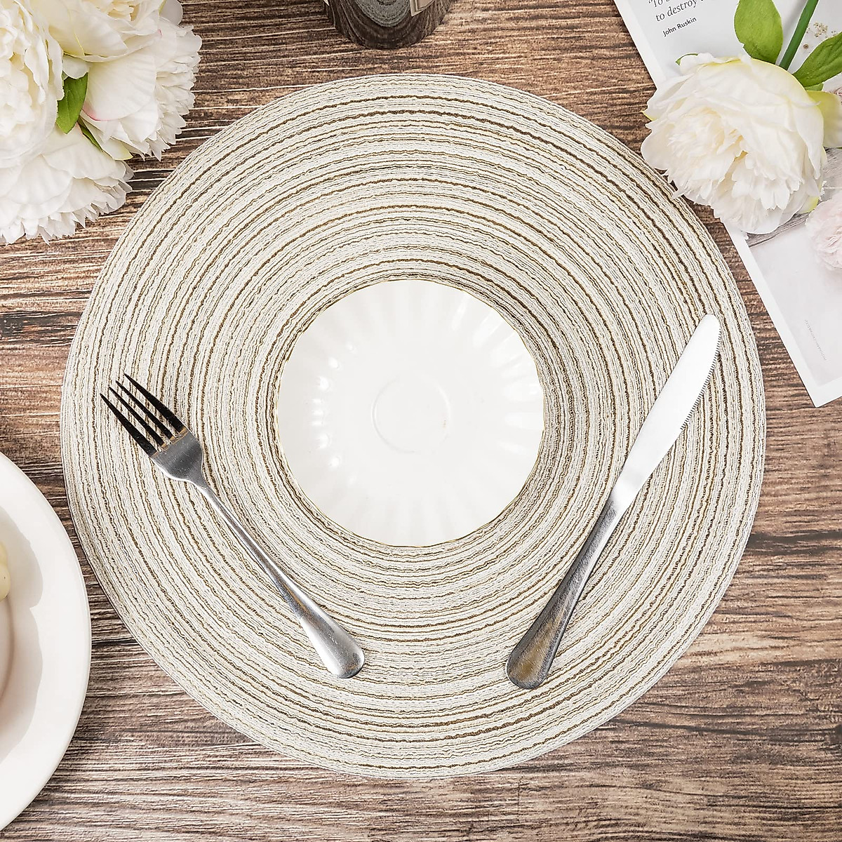 SHACOS Round Placemats Set of 6 Braided Circle Place Mat Washable 15 inch Table Mats for Kitchen Dining Table Mixed Color (Ivory, 6)