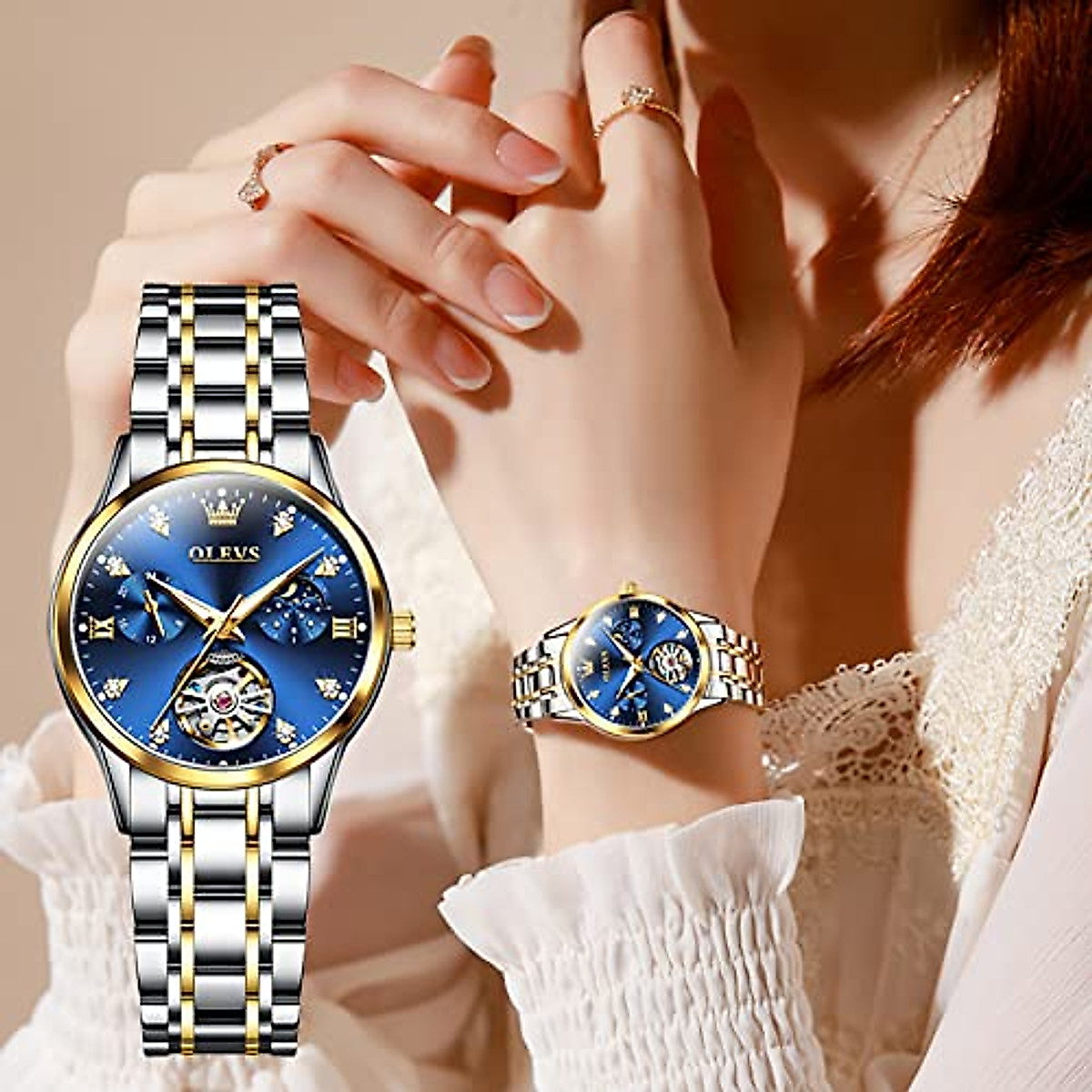 OLEVS Women Automatic Wrsit Watches Luxury Stainless Steel Gold and Silver Small Wrist Mechanical Moon Phase Blue Waterproof Ladies Watches